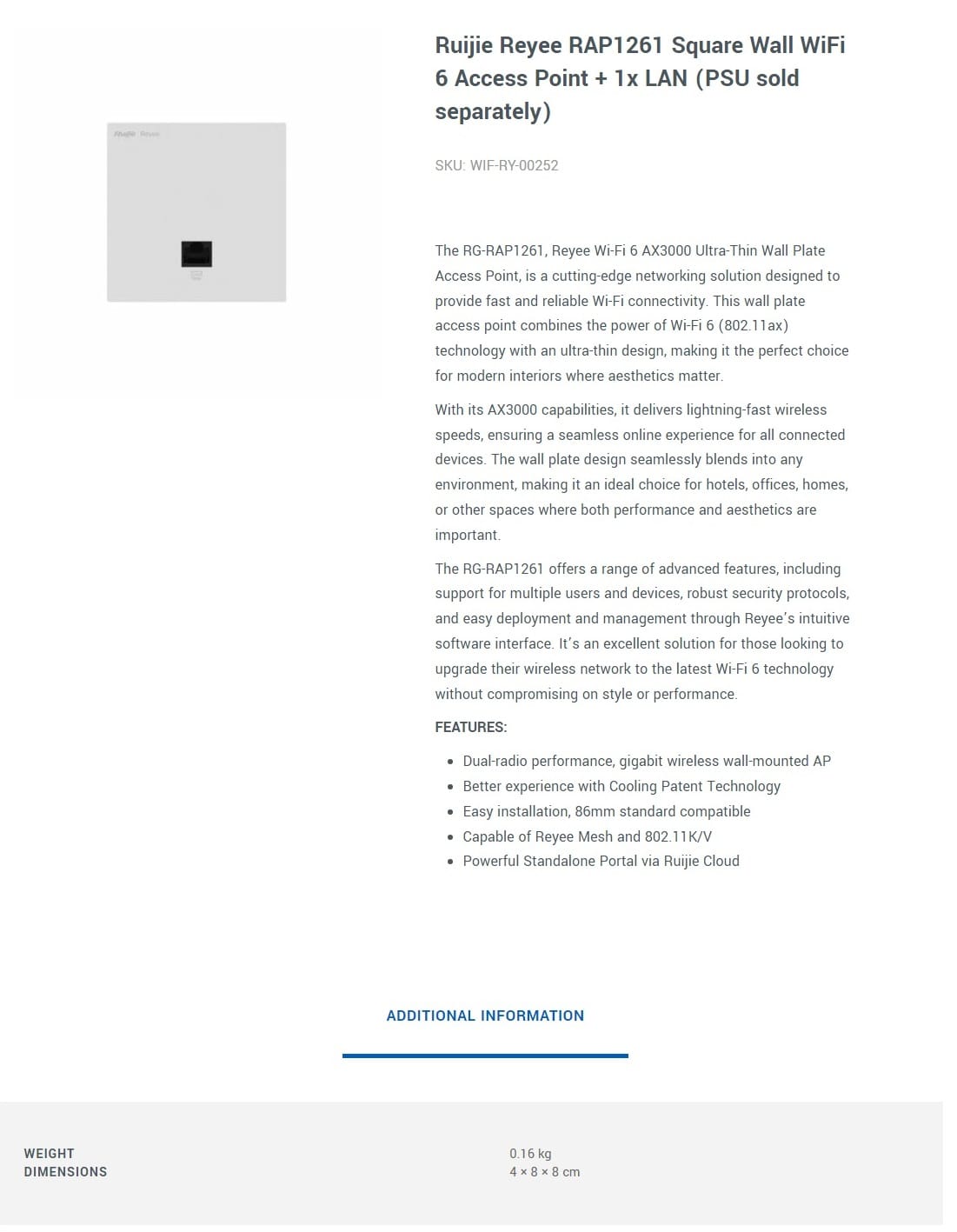 Ruijie RAP1261 Square Wall WiFi 6 Access Point With LAN