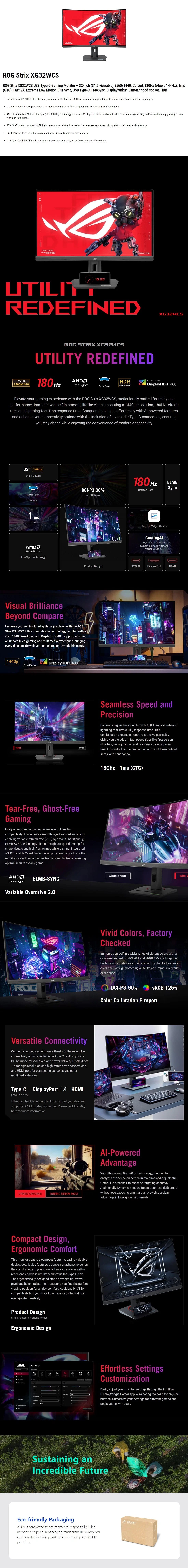 (Ex-Demo) Asus XG32WCS 31.5" QHD 2K 1ms 144Hz (180Hz OC) HDR400 USB-C ...