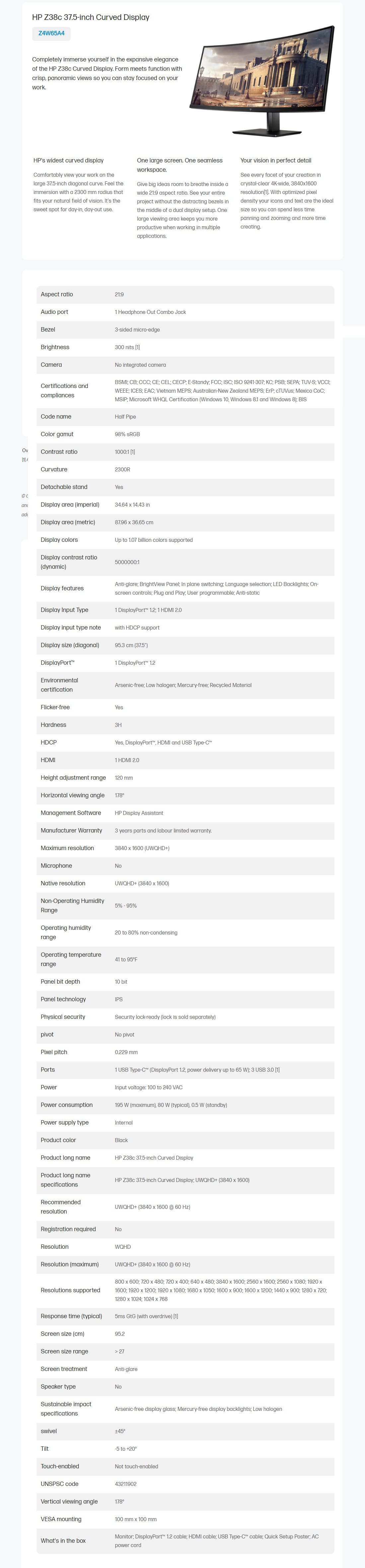 HP Z4W65A4 Z38c 38" Curved UWQHD+ Monitor